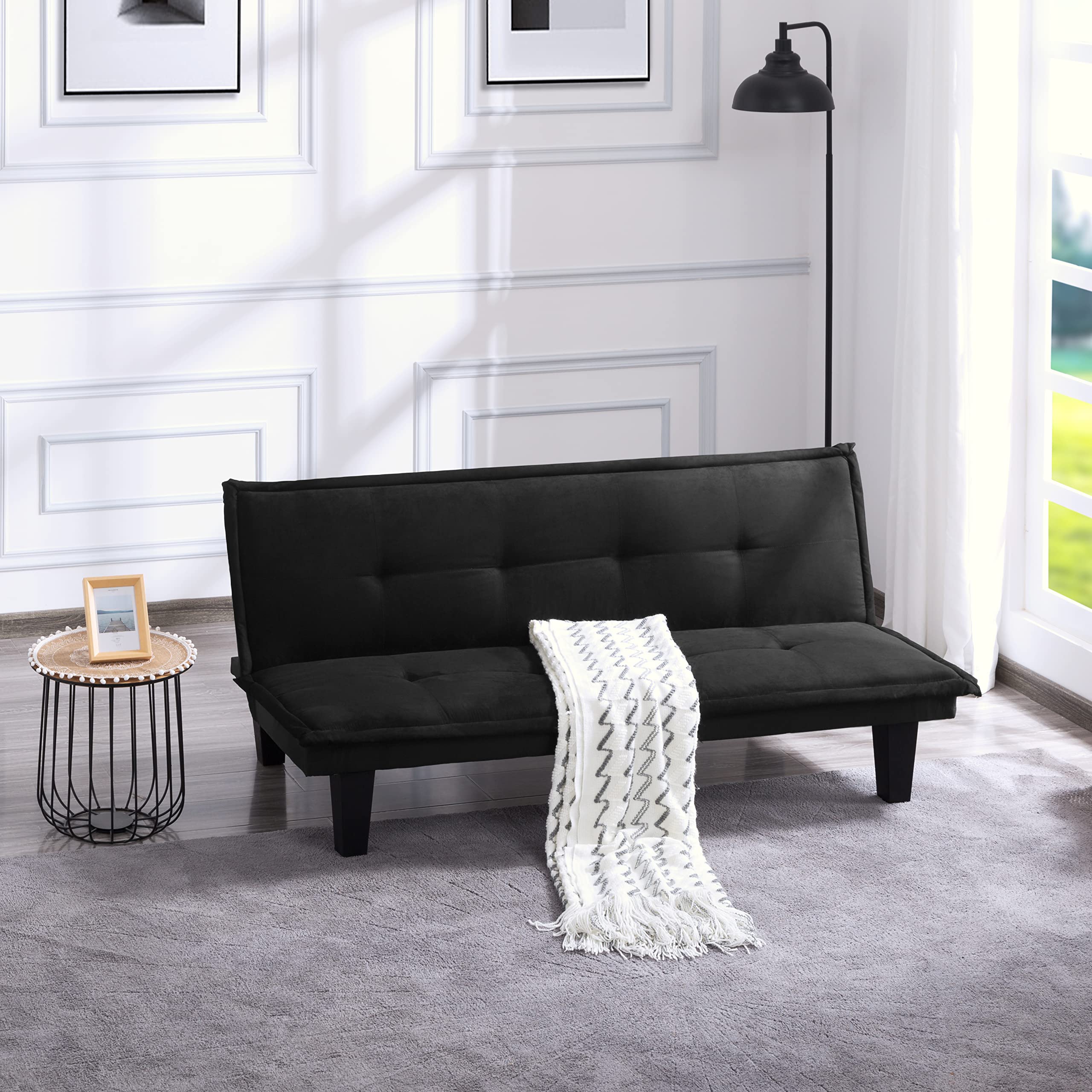 KoiHome 63.8" Twin Size Futon Sleeper Sofa with Adjustable Back, Small Chaise with Brown Leg, 2-Seater Couch, Contemporary Home Furniture for Living Room,Bedroom,Office,Waiting Room, Faux Suede, Black