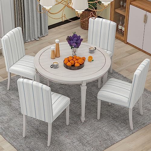 Merax Round Dining Room Table and Chairs Set of 4 Farmhouse Rustic Round Dining Table Set 5 Piece Wood Kitchen Table and 4 Upholstered Chairs with Striped Fabric for Dining Room