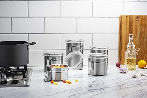 5pc Stainless Steel Canister Set with Clear Acrylic Lids & Clamp Airtight Durable & Stackable Food Storage Container for Kitchen Counter & Pantry, Tea, Sugar, Coffee, Flour, Rice, Pasta, Spices, Herbs