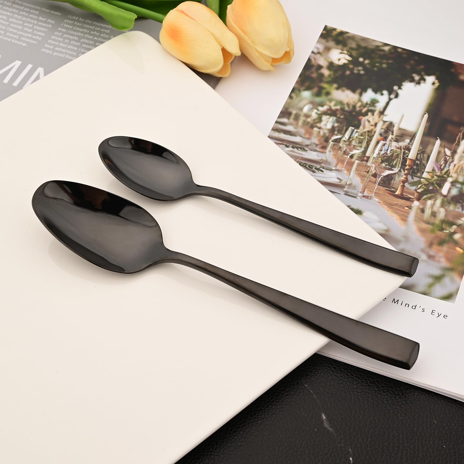 Snplowum 20-piece Black Cutlery Set, 18/10 Stianless Steel Silverware Heavy Duty Tableware Set Include Dinner Knife/Fork/Spoon, Service For 4, Mirror Polish