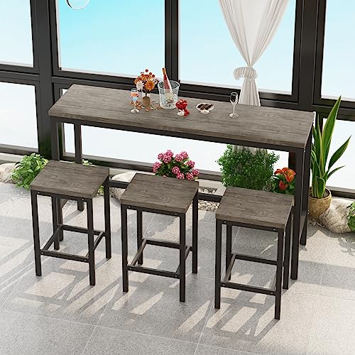 INCLAKE Long Dining Table Set for 3 People, 4 Piece Dining Table Set with 3 Bar Stools, Modern Kitchen Table and Chairs Set with Footrest for Living Room Restaurant Pub, Brown Gray