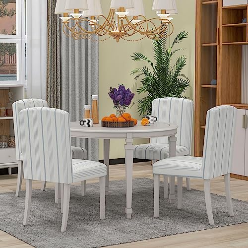 Merax Round Dining Room Table and Chairs Set of 4 Farmhouse Rustic Round Dining Table Set 5 Piece Wood Kitchen Table and 4 Upholstered Chairs with Striped Fabric for Dining Room