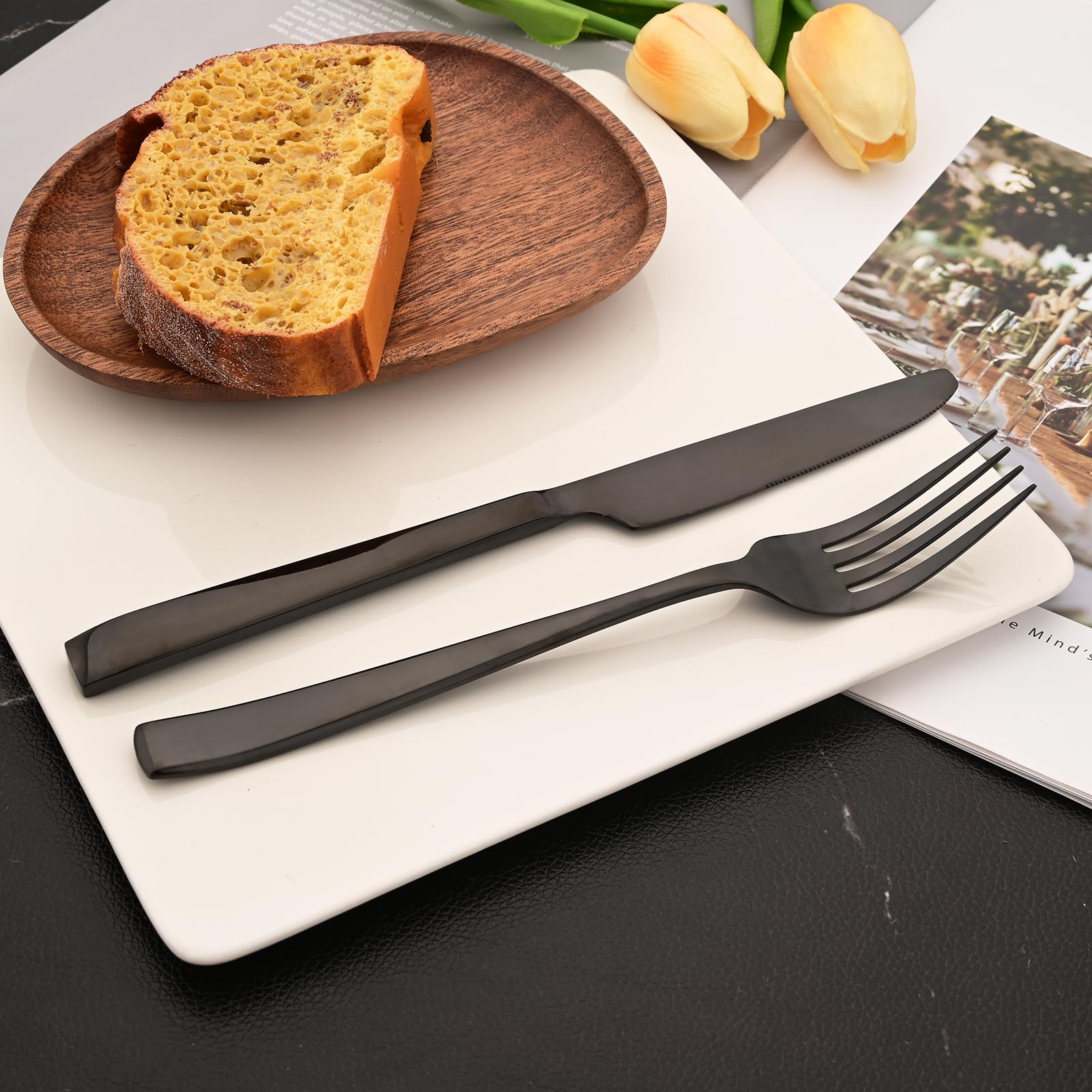Snplowum 20-piece Black Cutlery Set, 18/10 Stianless Steel Silverware Heavy Duty Tableware Set Include Dinner Knife/Fork/Spoon, Service For 4, Mirror Polish