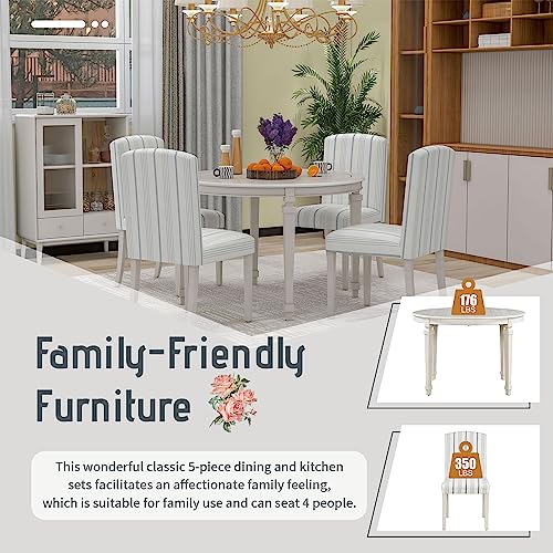 Merax Round Dining Room Table and Chairs Set of 4 Farmhouse Rustic Round Dining Table Set 5 Piece Wood Kitchen Table and 4 Upholstered Chairs with Striped Fabric for Dining Room