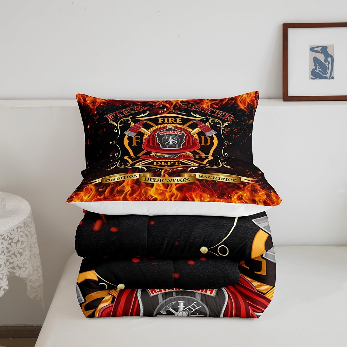 Firefighter Theme Children Comforter Set,Burning Flame Bedding Set for Kids Boys,Adults Soft Fireman Sign Comforter,Teens Red and Black Quilted Duvet Set Bedroom Collection King Size 3Pcs