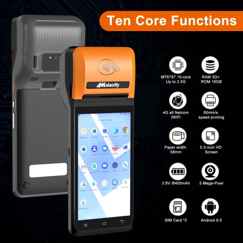 alacrity POS Receipt Printer,1D 2D Barcode Scanner Handheld PDA Printer Mobile POS Machine 5.5" Touch Screen 58mm Thermal Printer Android 8.1 Support 4G WiFi Bluetooth Communication