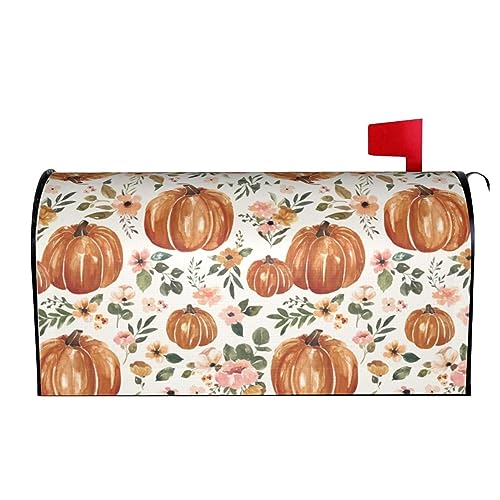 EKOREST Fall Mailbox Covers Magnetic Standard Size 18"x21",Seasonal Watercolor Pumpkins with Flowers Mailbox Wraps,Autumn Thanksgiving Post Letter Box Cover for Outdoor Décor