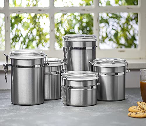 5pc Stainless Steel Canister Set with Clear Acrylic Lids & Clamp Airtight Durable & Stackable Food Storage Container for Kitchen Counter & Pantry, Tea, Sugar, Coffee, Flour, Rice, Pasta, Spices, Herbs