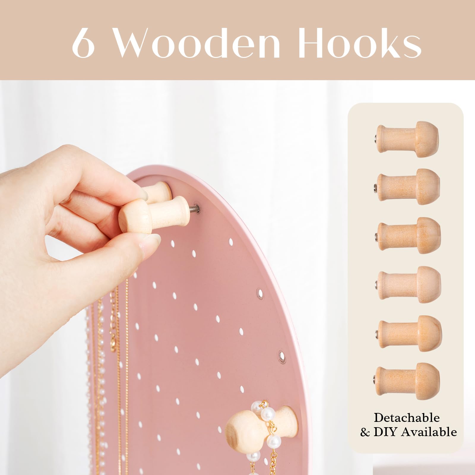 ProCase Cute Jewelry Organizer Stand Earring Holder Organizer for Dorm, Aesthetic Necklace Stand with 6 Removable Wood Hooks, Small Jewelry Display Rack with Bottom Tray for Bracelets Rings -Pink