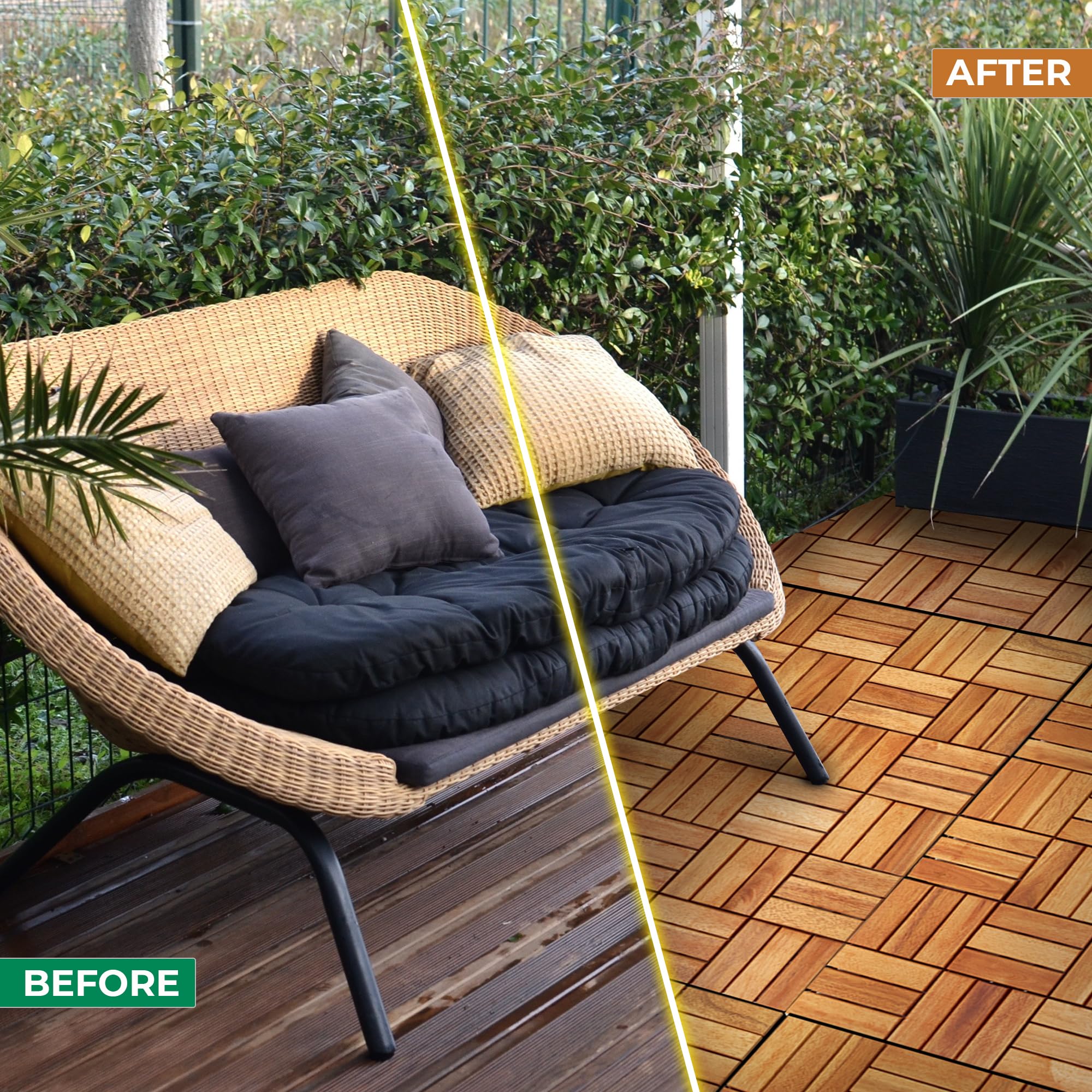 Solid Wood Interlocking Deck Tiles (Pack of 10, 12" x 12"), Acacia Deck Tiles, Floor Tiles for Both Indoor and Outdoor Use, Waterproof All Weather 12slats (12x12, 12 Slat)