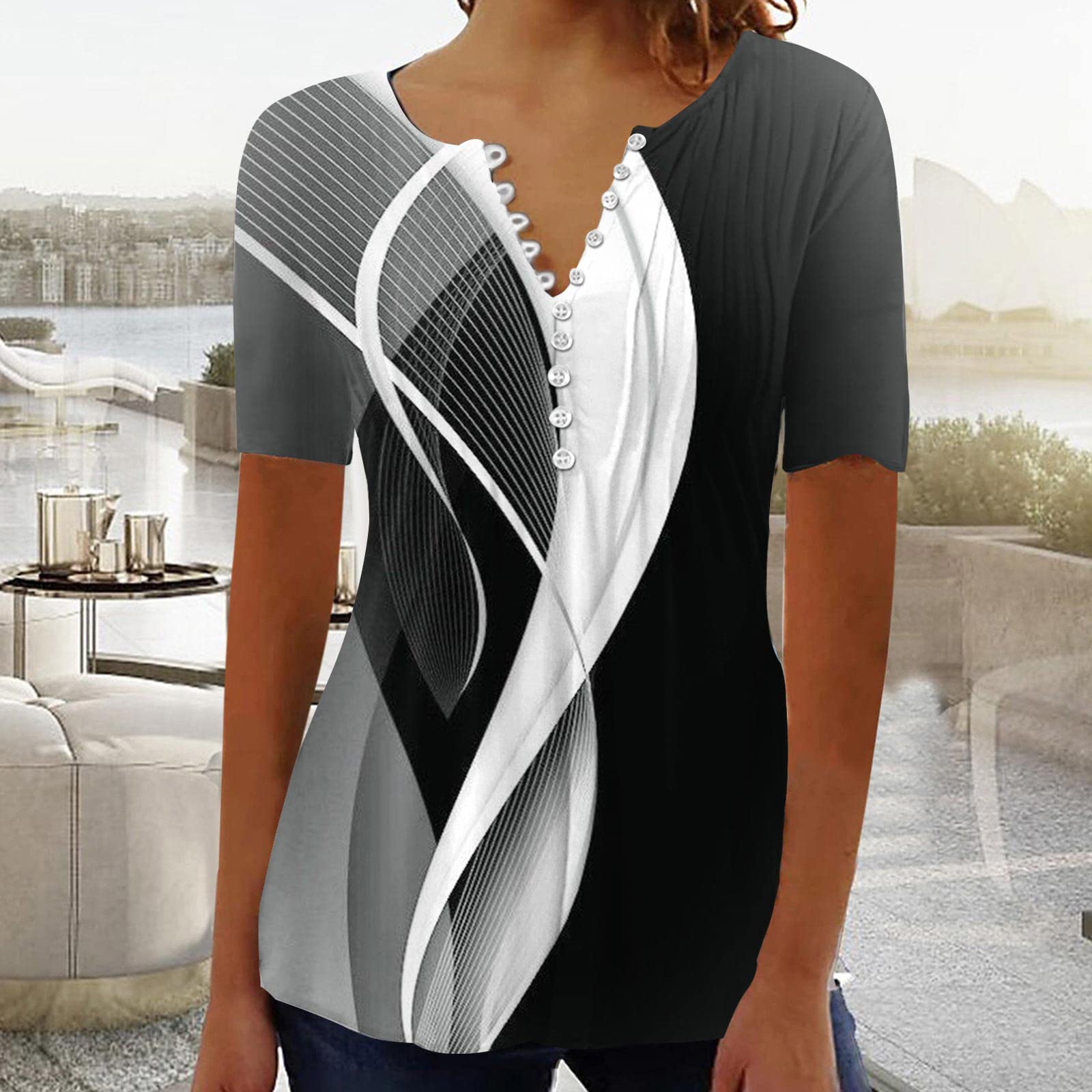 Womens Tunic Tops Trendy Vintage Boho Shirts Short Sleeve Notch v Neck t-Shirt 2023 Casual Summer Blouse Empire Waist Gray 2X