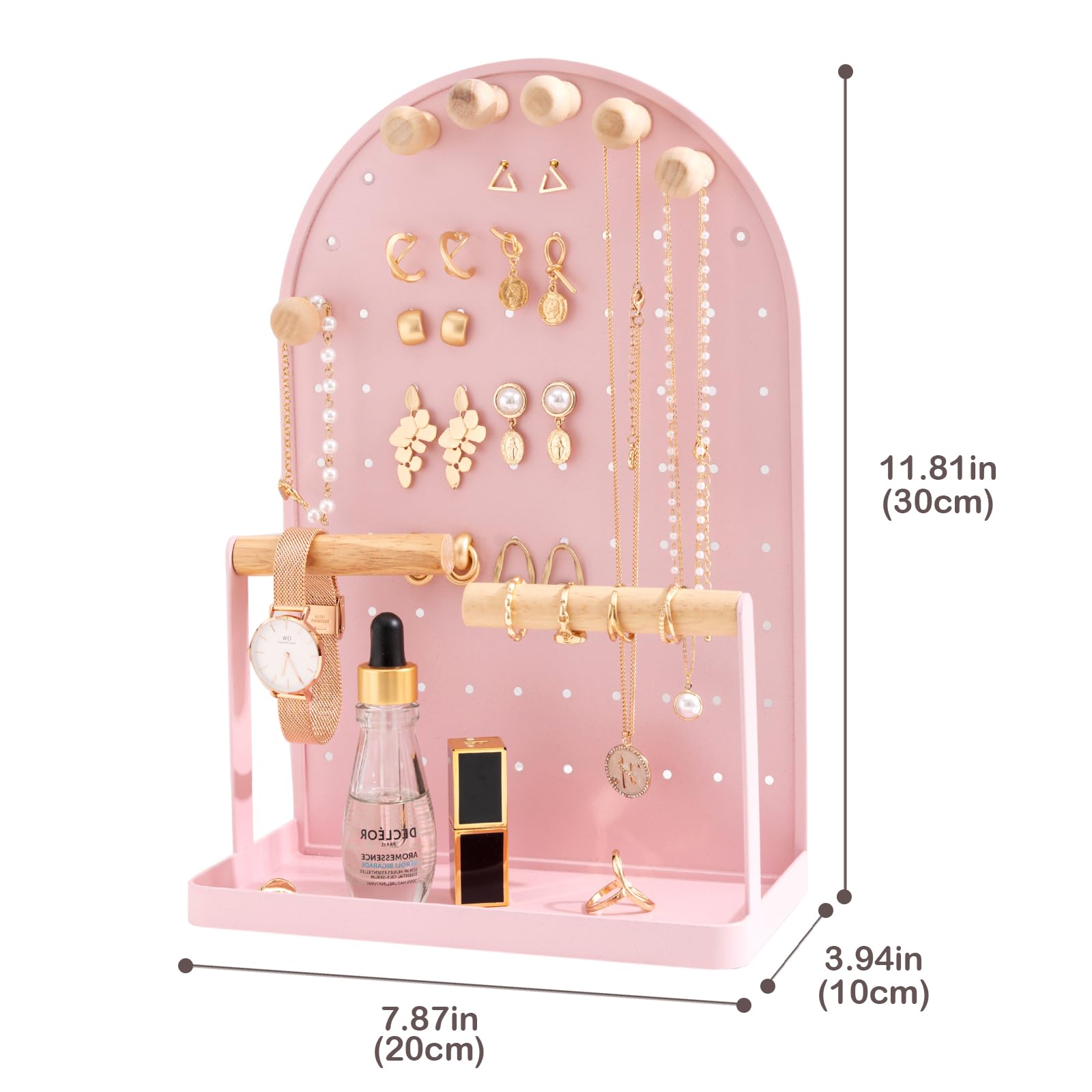 ProCase Cute Jewelry Organizer Stand Earring Holder Organizer for Dorm, Aesthetic Necklace Stand with 6 Removable Wood Hooks, Small Jewelry Display Rack with Bottom Tray for Bracelets Rings -Pink