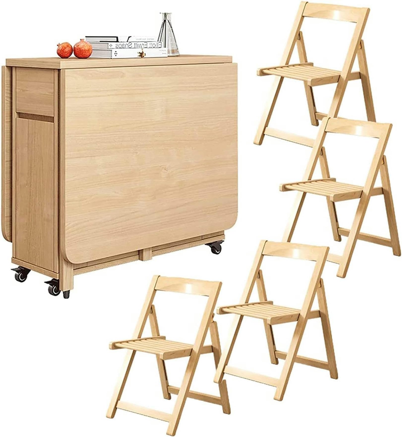 Dining Table Set, Solid Wood Drop Leaf Table, Extendable Moveable Folding Table with Wheels and 4 Chair, Saving Space, Round Edge Design, for Kitchen Dining Room