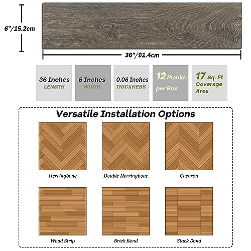 Oxdigi Peel and Stick Floor Tile 36" x 6"x 12 Packs/ 18 Sq.Ft, Thicken Wood Plank Flooring Self-Adhesive Waterproof for Kitchen Living Room RV, Easy DIY Floor Stickers, Sepia