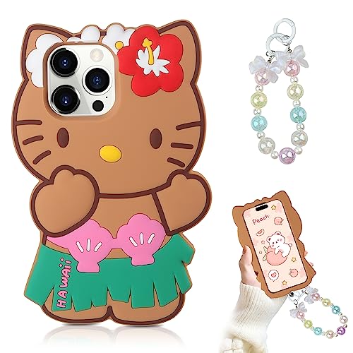 WOLLONY Cat Case 3D Cartoon for iPhone 14 Pro Max Phone Case with Bracelet Chain, Kids Girls Women Cool Fun Cute Kawaii Animal Cases Soft Silicone Funny Character Unique Protective Cover, Brown/Pink