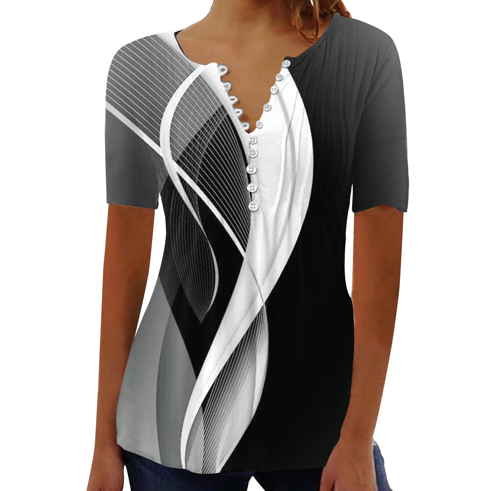 Womens Tunic Tops Trendy Vintage Boho Shirts Short Sleeve Notch v Neck t-Shirt 2023 Casual Summer Blouse Empire Waist Gray 2X