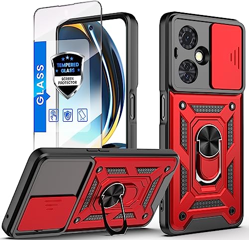 Dretal for OnePlus Nord N30 5G Case, with Stand Kickstand Ring and Camera Cover with Tempered Glass Screen Protector, Military Grade Shockproof Protective Cover for OnePlus N30 5G(Red)