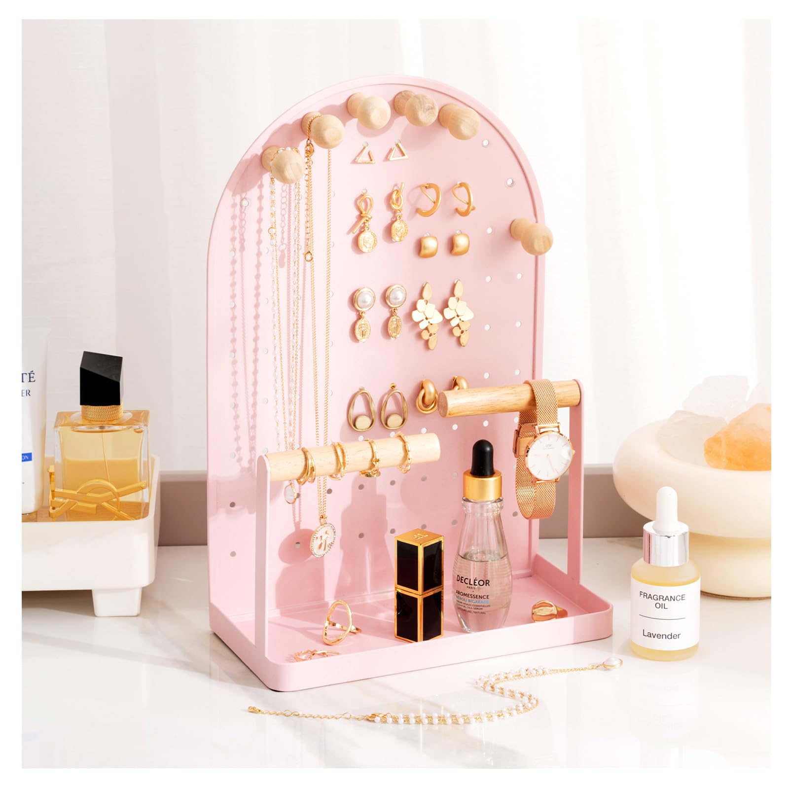 ProCase Cute Jewelry Organizer Stand Earring Holder Organizer for Dorm, Aesthetic Necklace Stand with 6 Removable Wood Hooks, Small Jewelry Display Rack with Bottom Tray for Bracelets Rings -Pink