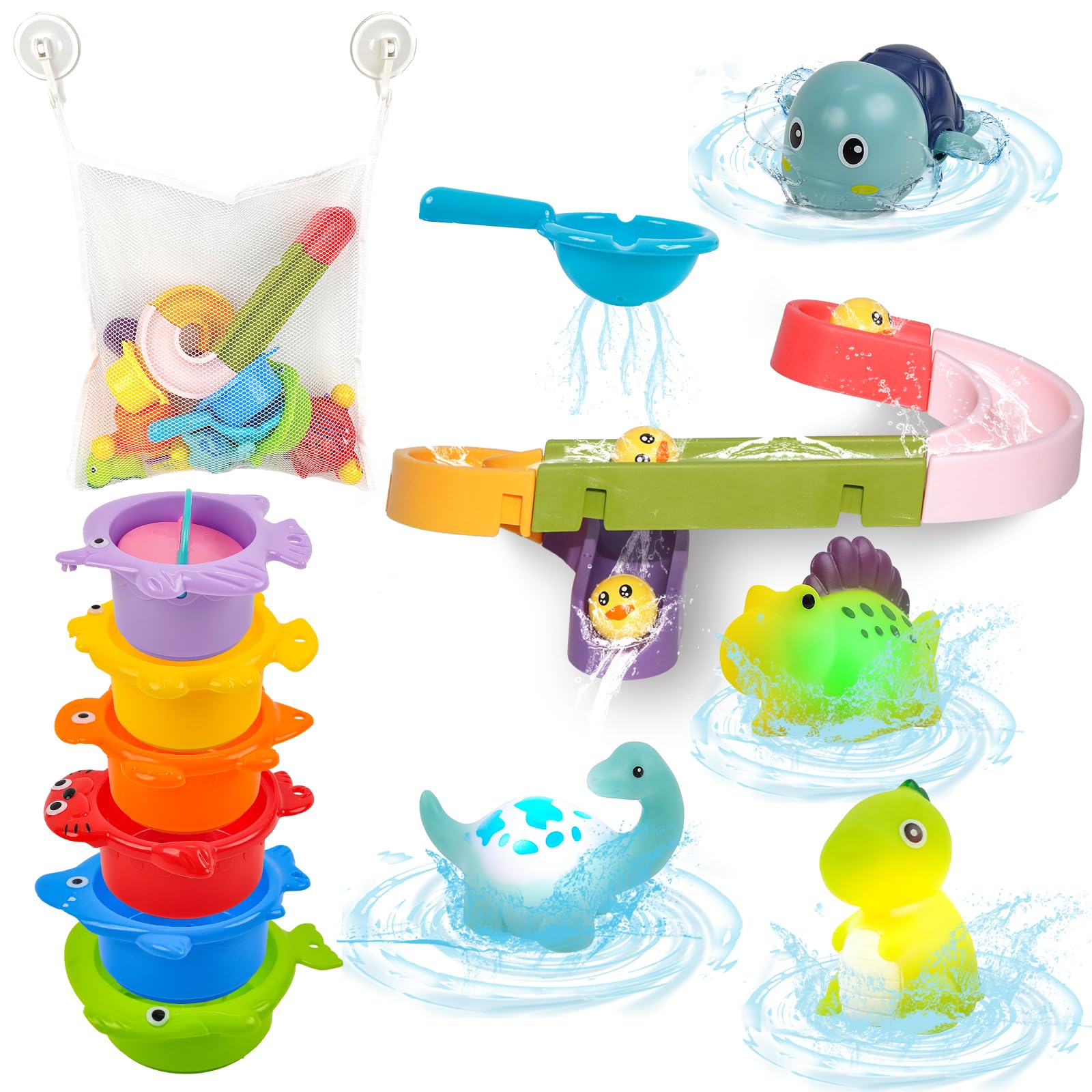 Akosuntoys Baby Bath Toys for Todders 1+ Year Old,DIY Duck Water Slide Mold Free Lighting-Up Dinosaur Toys Stacking Cups & Swimming Turtle New Born Baby Bathtub Water Toys Preschool Toddler Pool Toys