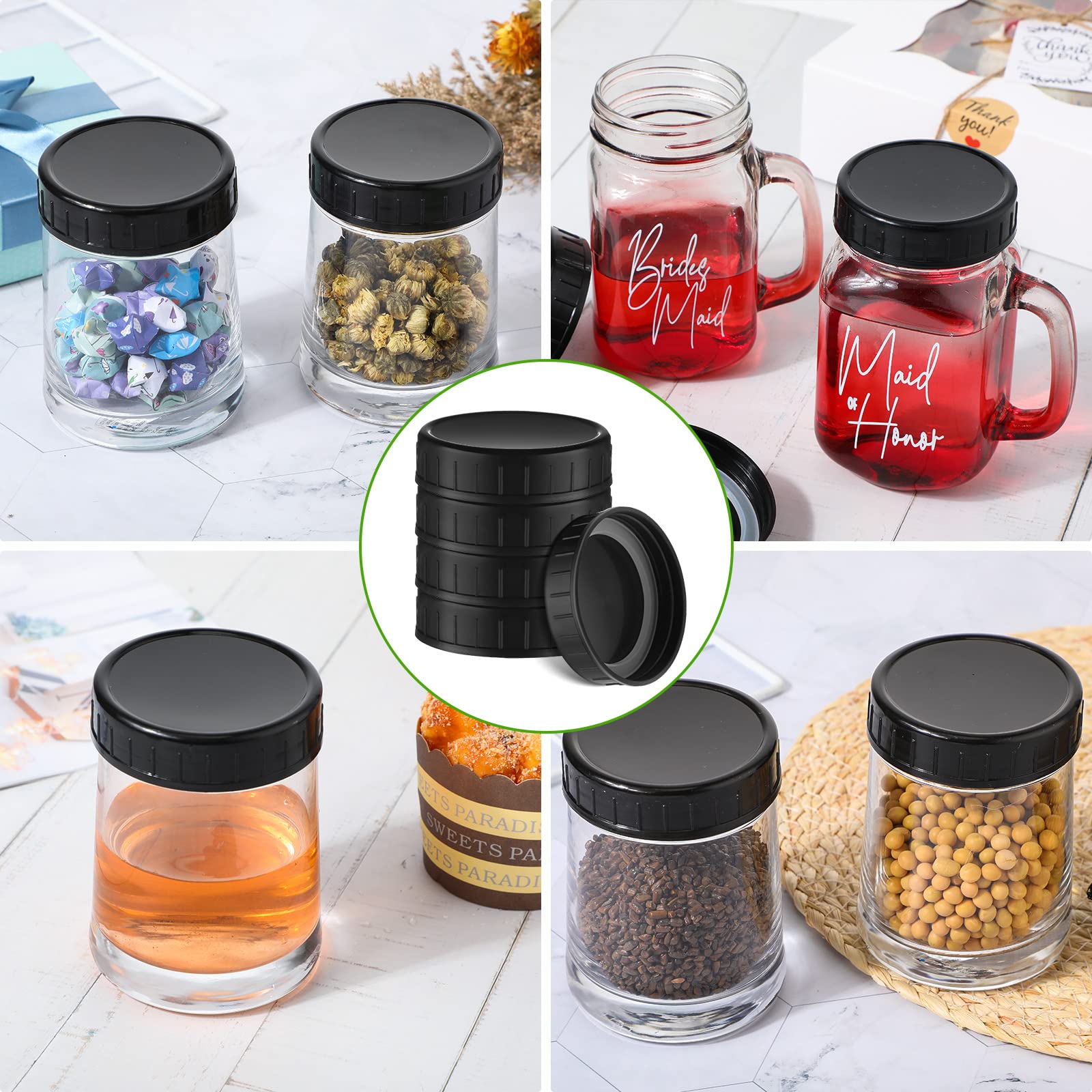 Inbagi 60 Pcs Plastic Canning Jars Lids Bulk Black Mason Jar Lids Reusable Canning Jar Lids Regular Mouth Leakproof Storage Cap with Silicone Ring for Mason Jar Canning Jar and More(70 mm Diameter)