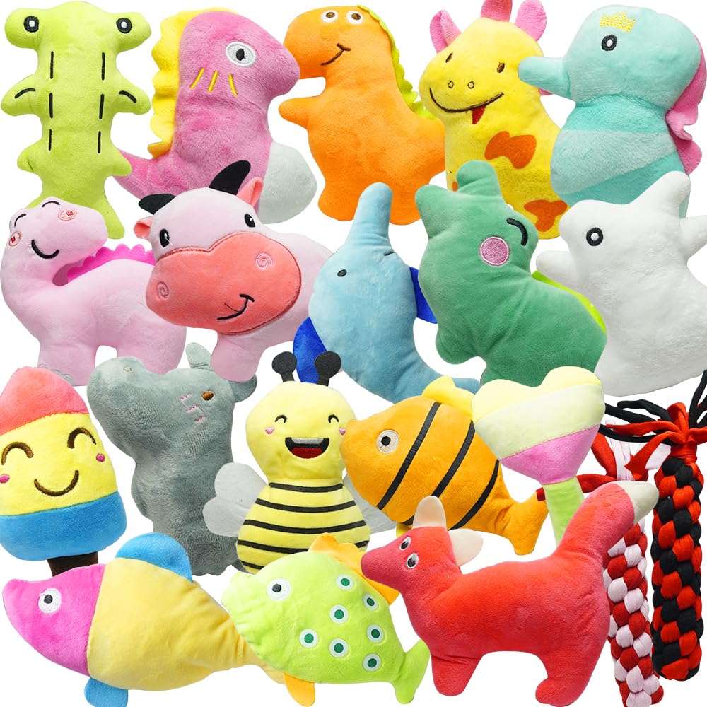 SZKOKUHO Cute Animal Designs Soft Dog Squeaky Toys (Pack of 20) for Small Medium Dogs