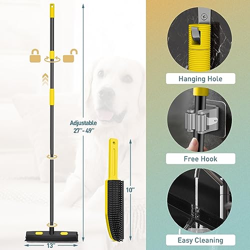 Sunally Rubber Broom Pet Hair Remover, Fur Remover Broom with Squeegee for Fluff Carpet, Hardwood Floor, Tile, Window, Black Yellow, includes Portable Lint Remover Brush and Broom Holder