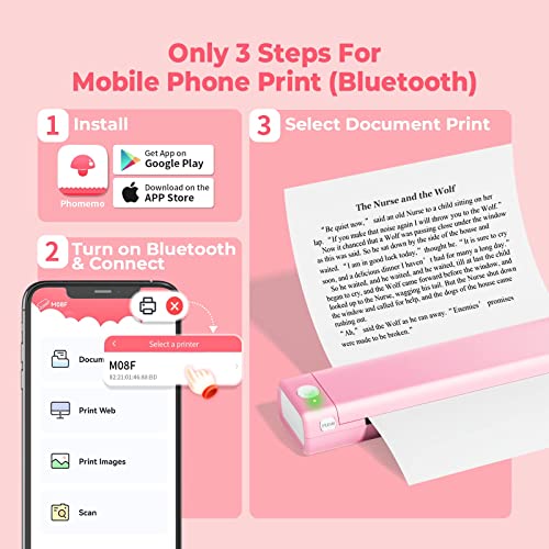 Portable Printers Wireless for Travel - Bluetooth Thermal Mobile Printer Portable - M08F Portable Wireless Printer Support 8.5" X 11" US Letter, Small Portable Printer for Laptop & Phone, Office,Pink