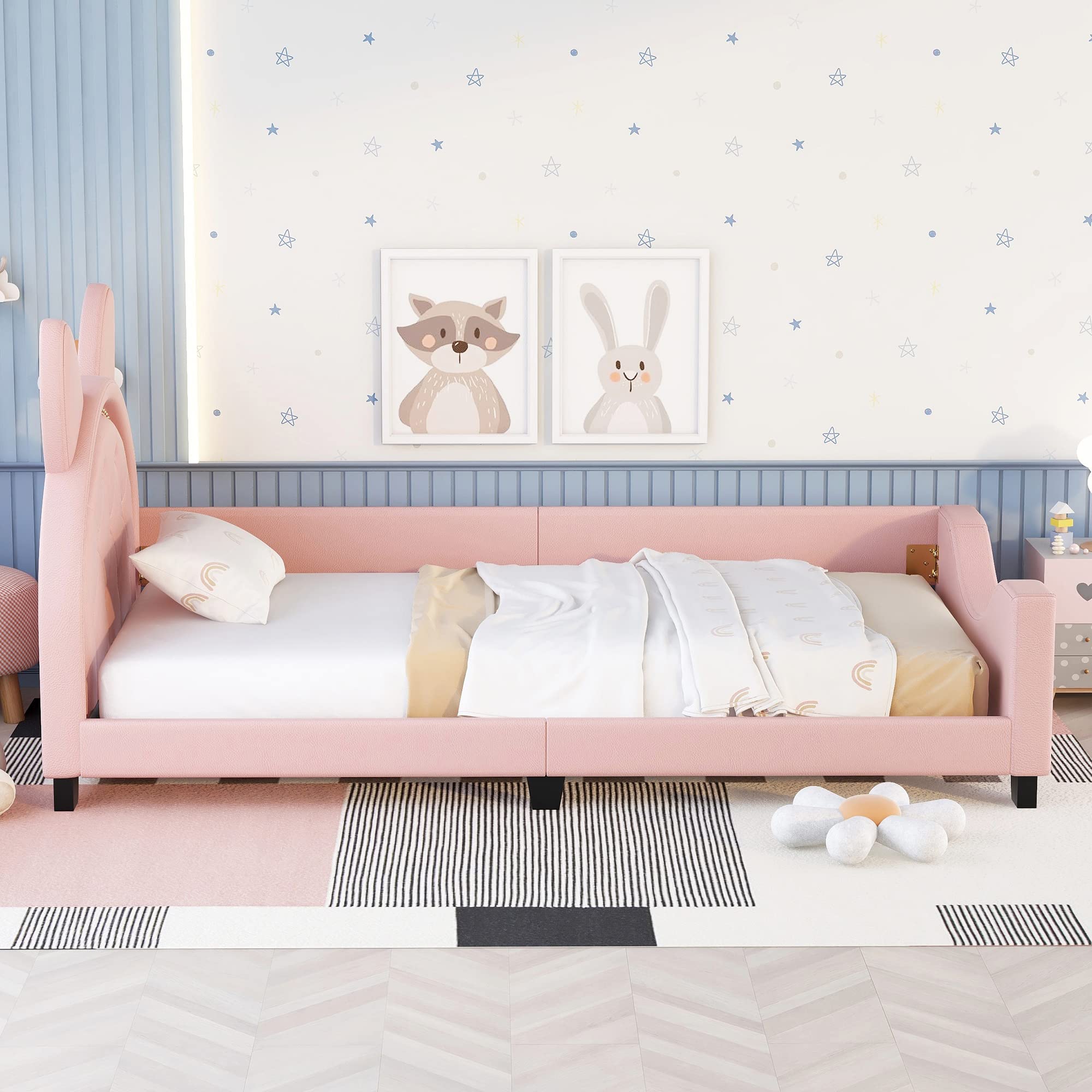 Merax Twin Size Upholstered Daybed with Bunny Ears Headboard, Platform Bed Frame for Kids, Child's Bedroom, No Box Spring Needed, Pink