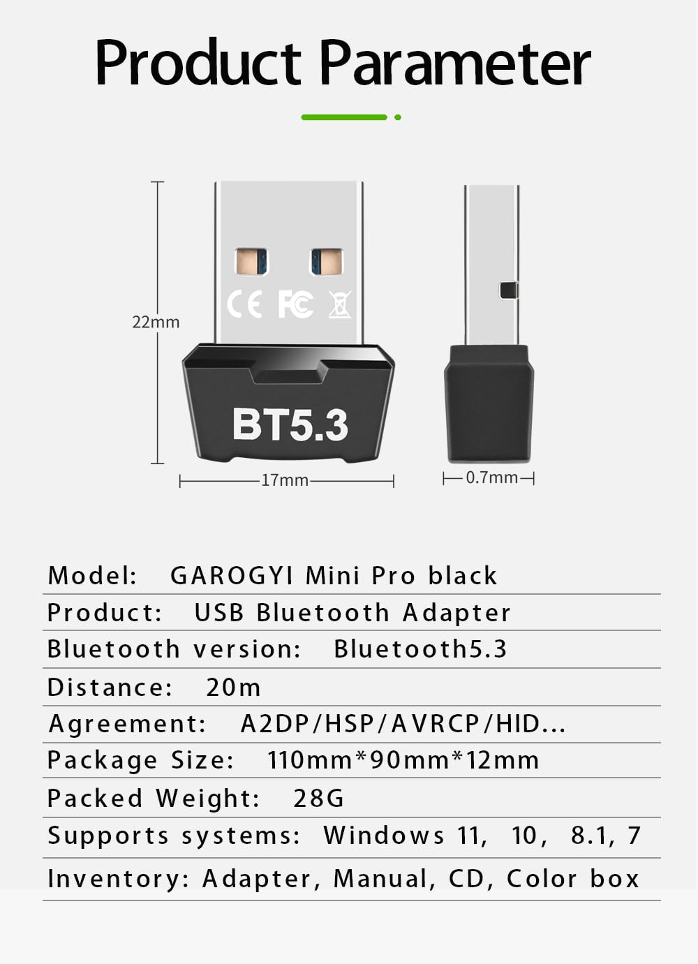GAROGYI USB Bluetooth 5.3 Adapter for PC, Supports Windows 11/10/8.1/7,5.3+EDR Bluetooth Wireless Transmitter Receiver for Desktop, Laptop, Mouse, Keyboard, Printers, Headsets (Black)