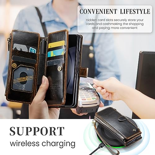 CaseMe for Samsung Galaxy Z Fold 5 Case with S Pen Holder, Z Fold 5 Wallet Case with Card Holder for Women Men, RFID Blocking Kickstand Zipper Shockproof Phone Case for Galaxy Fold 5, Luxury Coffee