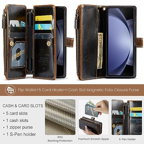 CaseMe for Samsung Galaxy Z Fold 5 Case with S Pen Holder, Z Fold 5 Wallet Case with Card Holder for Women Men, RFID Blocking Kickstand Zipper Shockproof Phone Case for Galaxy Fold 5, Luxury Coffee