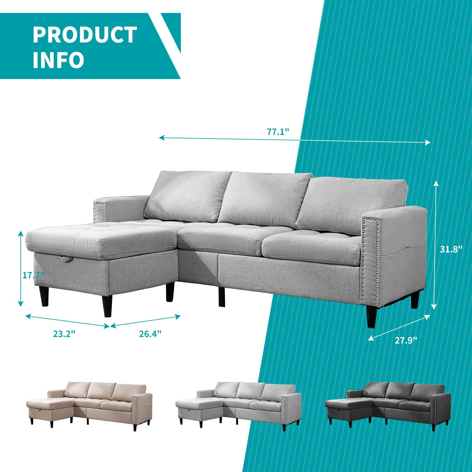 BALUS 77" Reversible Sectional Couch Set L Shaped Modular Linen Sofa with Reversible Storage Ottoman Chaise Modern Sofa Couches for Living Room Apartment Office - Light Grey
