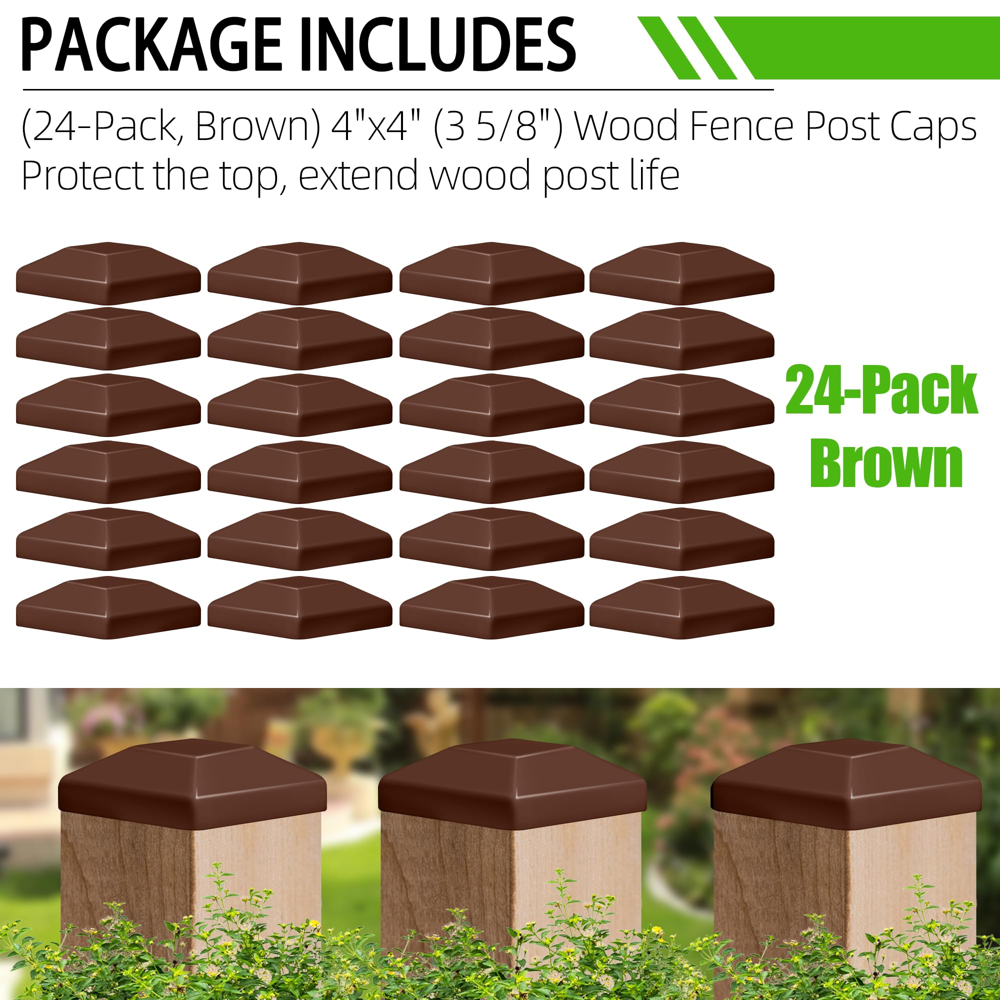 TonGass (24-Pack, Brown) 4"x4" (3 5/8") Wood Fence Post Caps - Wooden Fence Post Cover Deck Post Cap - Durable Plastic Water-Proof and UV-Proof - Protect Wooden Fence Poles from Cracking and Rotting