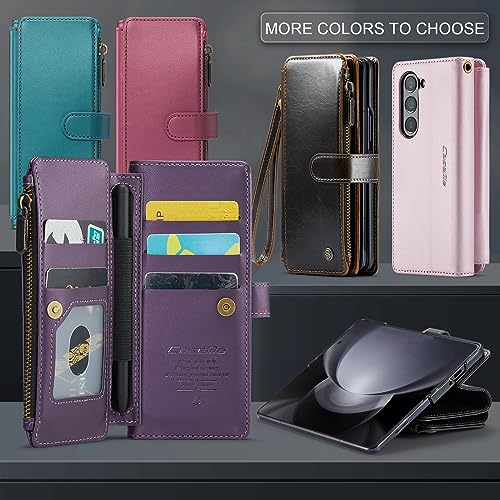 CaseMe for Samsung Galaxy Z Fold 5 Case with S Pen Holder, Z Fold 5 Wallet Case with Card Holder for Women Men, RFID Blocking Kickstand Zipper Shockproof Phone Case for Galaxy Fold 5, Luxury Coffee