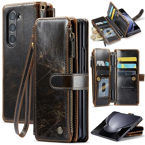 CaseMe for Samsung Galaxy Z Fold 5 Case with S Pen Holder, Z Fold 5 Wallet Case with Card Holder for Women Men, RFID Blocking Kickstand Zipper Shockproof Phone Case for Galaxy Fold 5, Luxury Coffee