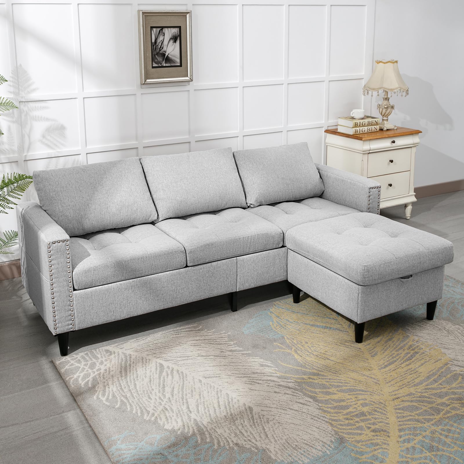 BALUS 77" Reversible Sectional Couch Set L Shaped Modular Linen Sofa with Reversible Storage Ottoman Chaise Modern Sofa Couches for Living Room Apartment Office - Light Grey