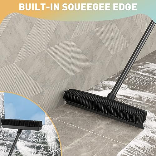 Sunally Rubber Broom Pet Hair Remover, Fur Remover Broom with Squeegee for Fluff Carpet, Hardwood Floor, Tile, Window, Black Yellow, includes Portable Lint Remover Brush and Broom Holder