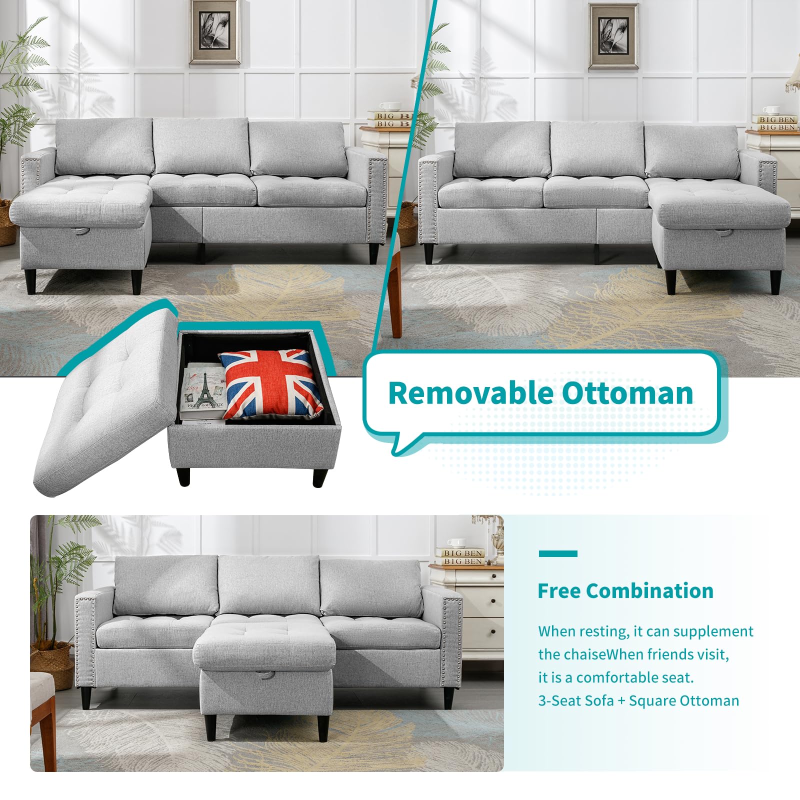 BALUS 77" Reversible Sectional Couch Set L Shaped Modular Linen Sofa with Reversible Storage Ottoman Chaise Modern Sofa Couches for Living Room Apartment Office - Light Grey