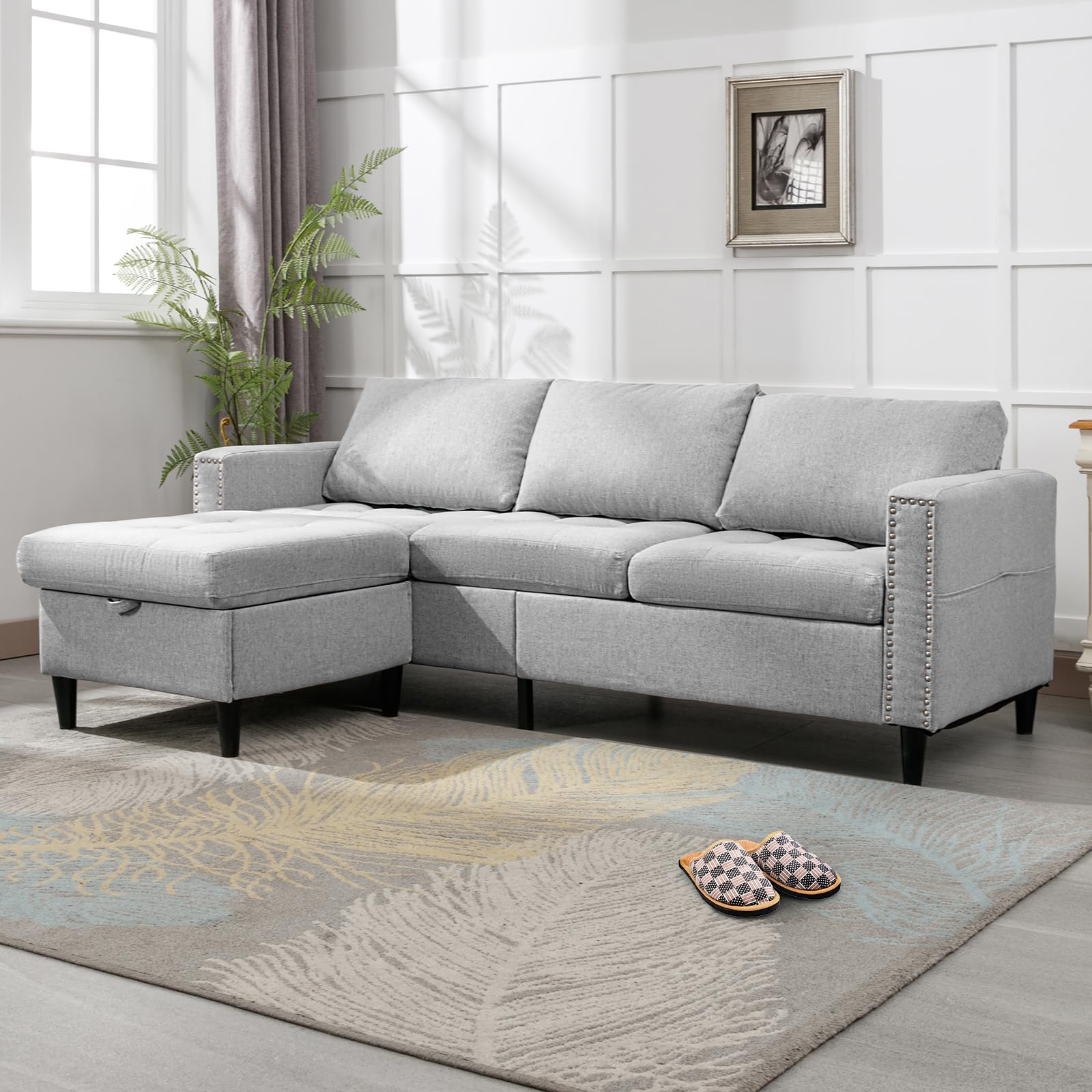 BALUS 77" Reversible Sectional Couch Set L Shaped Modular Linen Sofa with Reversible Storage Ottoman Chaise Modern Sofa Couches for Living Room Apartment Office - Light Grey
