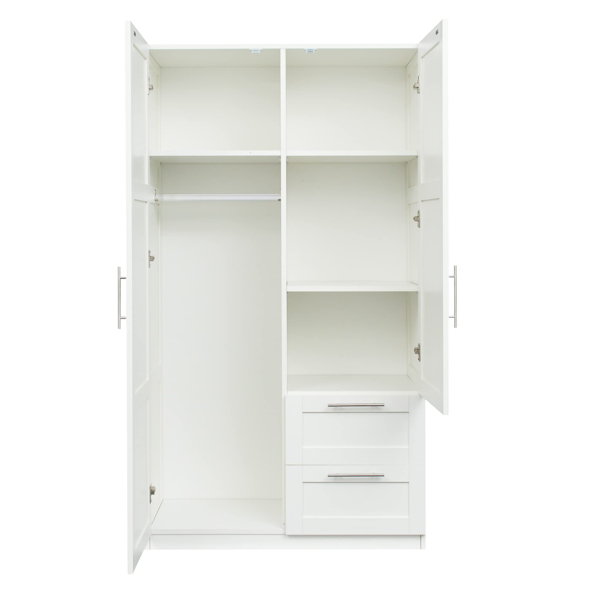 High Wardrobe and Kitchen Cabinet with 2 Doors, 2 Drawers and 5 Storage Spaces,White