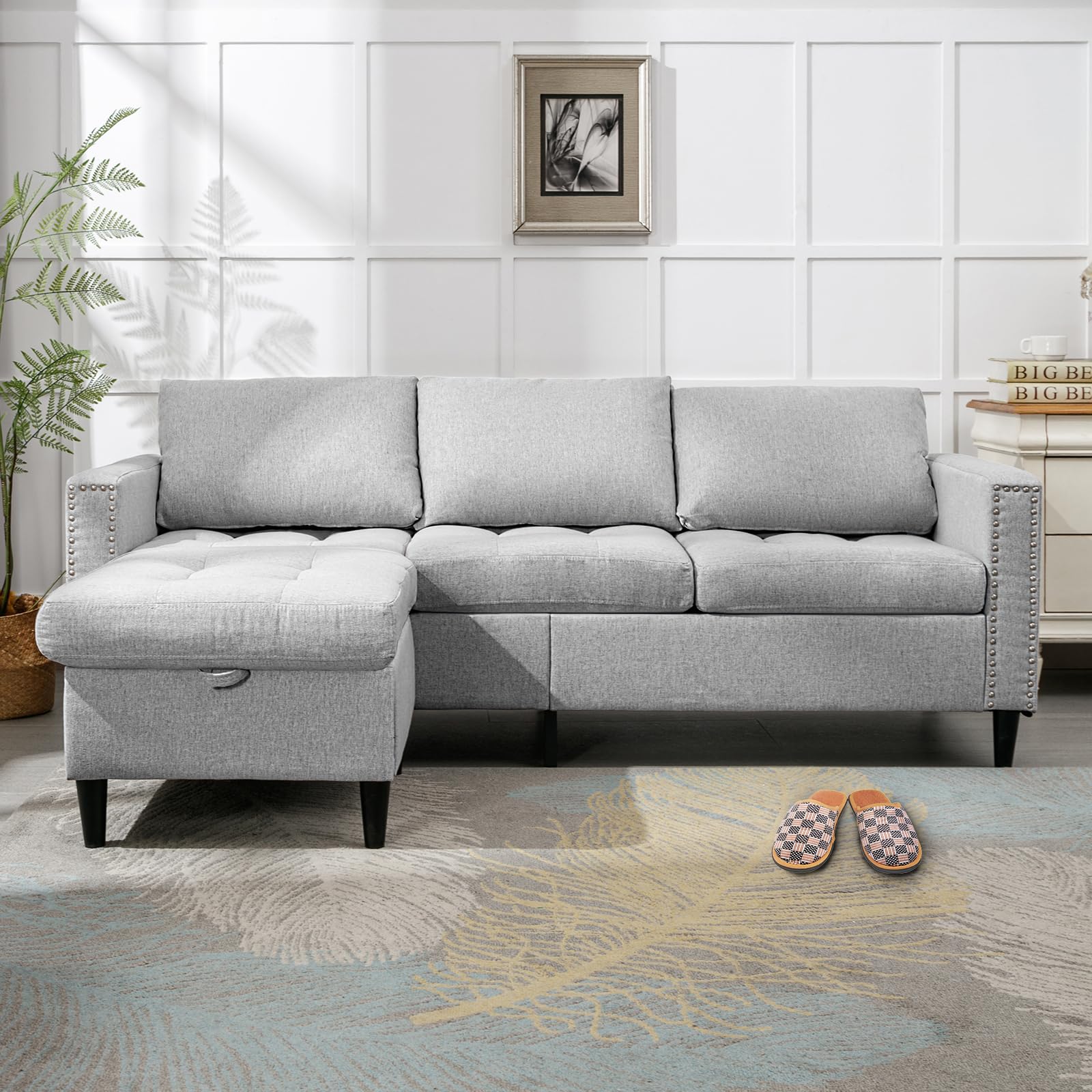 BALUS 77" Reversible Sectional Couch Set L Shaped Modular Linen Sofa with Reversible Storage Ottoman Chaise Modern Sofa Couches for Living Room Apartment Office - Light Grey