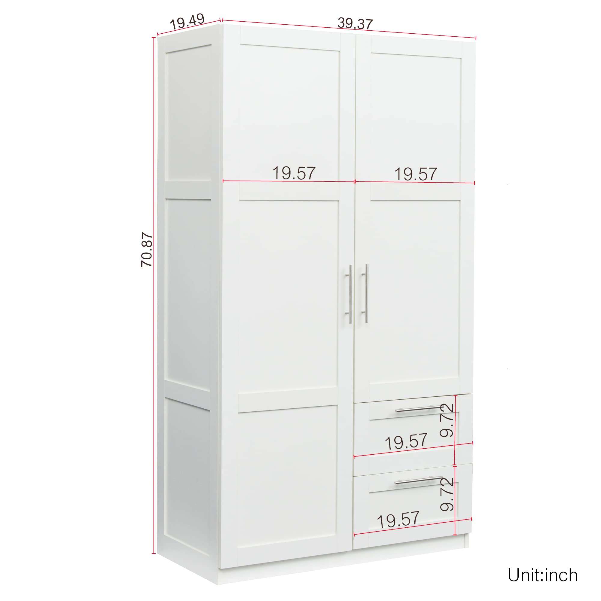 High Wardrobe and Kitchen Cabinet with 2 Doors, 2 Drawers and 5 Storage Spaces,White