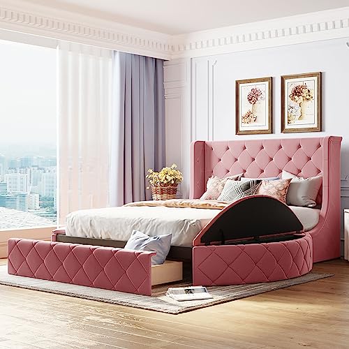 GERDIOEB Queen Upholstered Platform Bed with Wingback Headboard and 1 Large Drawer, Velvet Platform Mattress Foundation, 2 Side Storage Benches Queen Size Bed (Pink)