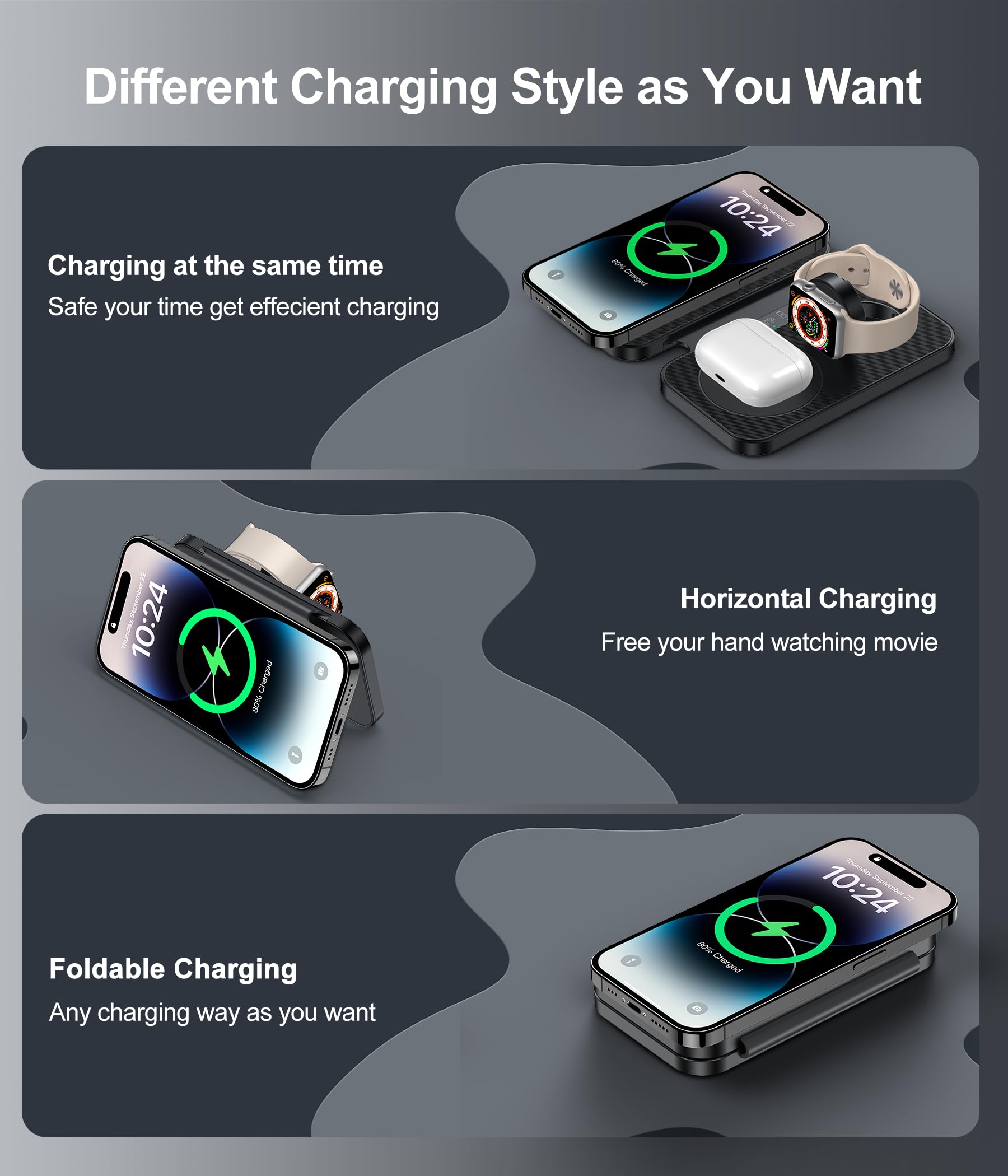 3 in 1 Charging Station for Multiple Devices Apple, XooFly Wireless Magnetic Travel Charger for Multiple Devices, Phone Charger Pad for iPhone 15 14 13 12 Pro Max Plus Mini, iWatch, Wireless Earbuds
