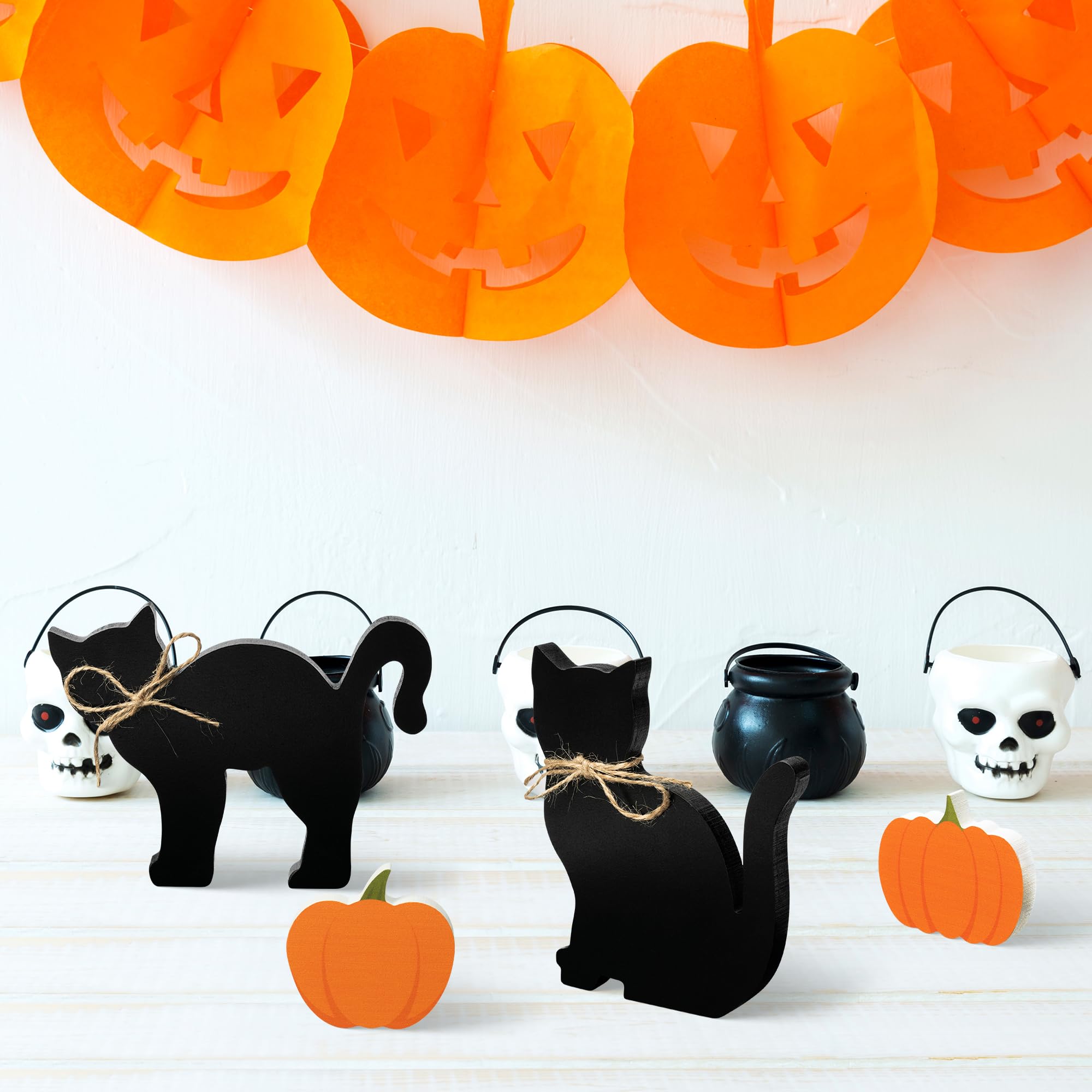 JAPBOR 4PCS Halloween Wooden Centerpieces Table Decorations, Black Cat Pumpkin Tiered Tray Set Decor, Reversible Happy Fall Halloween Party Themed Sign Wood Block Table Topper Décor for Home Kitchen