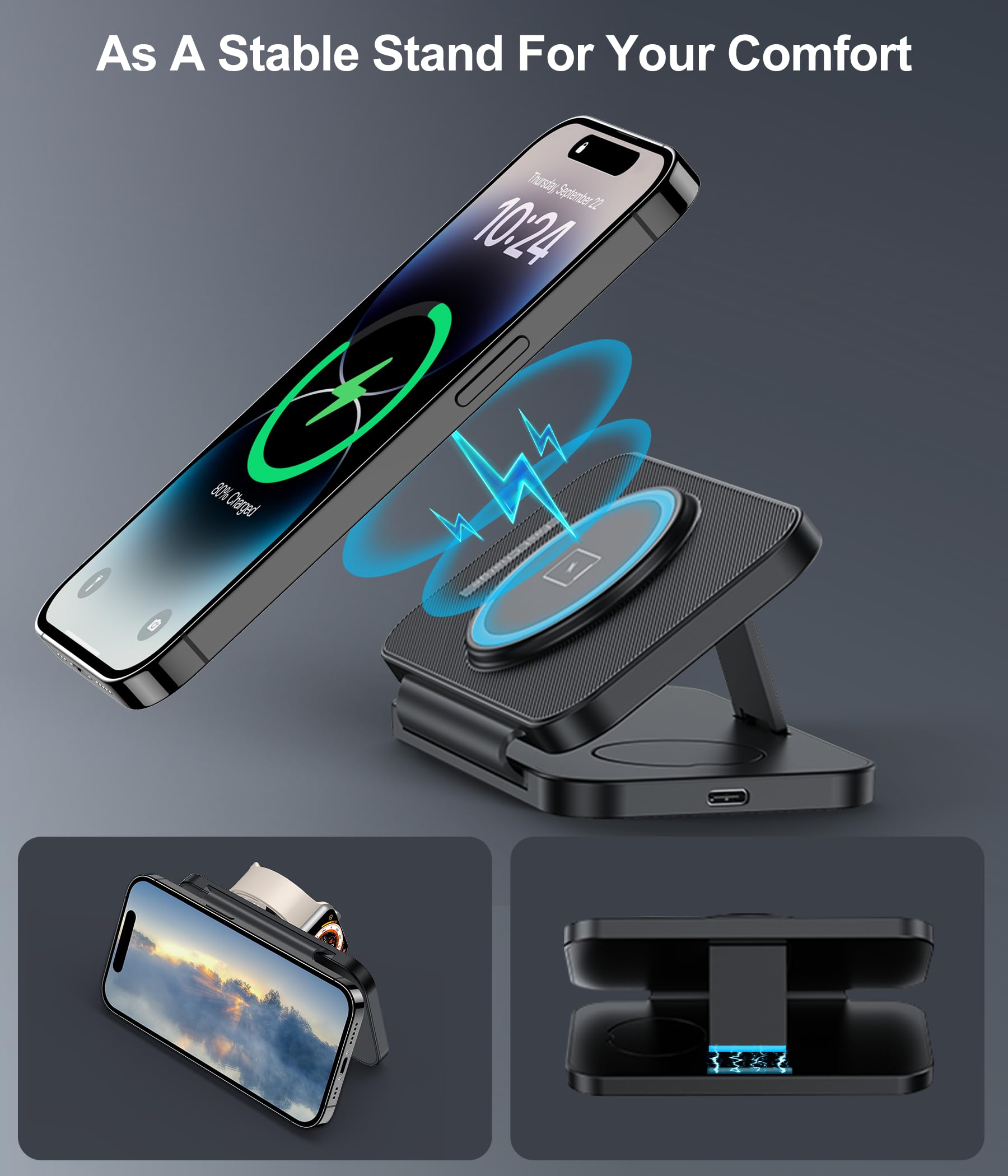 3 in 1 Charging Station for Multiple Devices Apple, XooFly Wireless Magnetic Travel Charger for Multiple Devices, Phone Charger Pad for iPhone 15 14 13 12 Pro Max Plus Mini, iWatch, Wireless Earbuds
