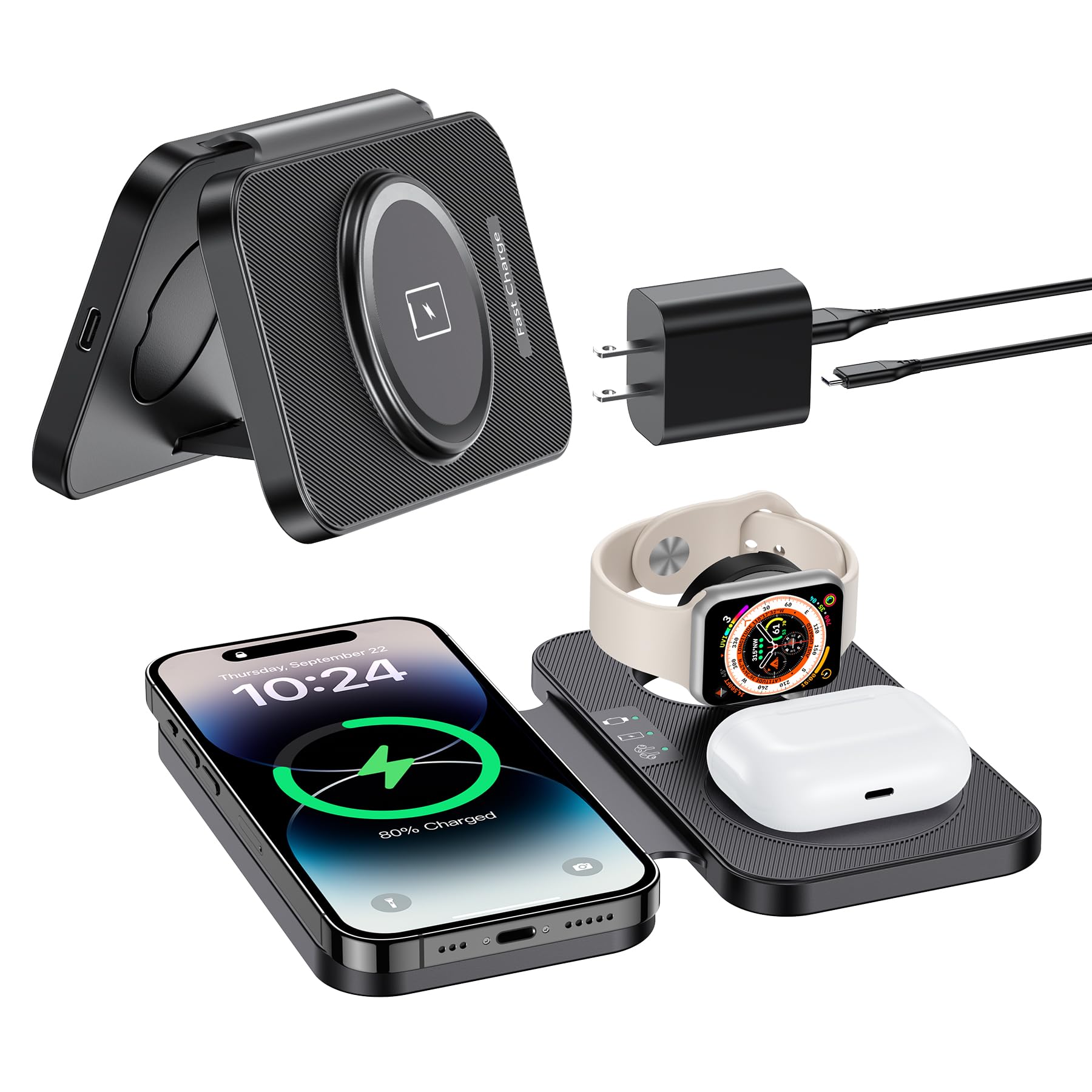 3 in 1 Charging Station for Multiple Devices Apple, XooFly Wireless Magnetic Travel Charger for Multiple Devices, Phone Charger Pad for iPhone 15 14 13 12 Pro Max Plus Mini, iWatch, Wireless Earbuds