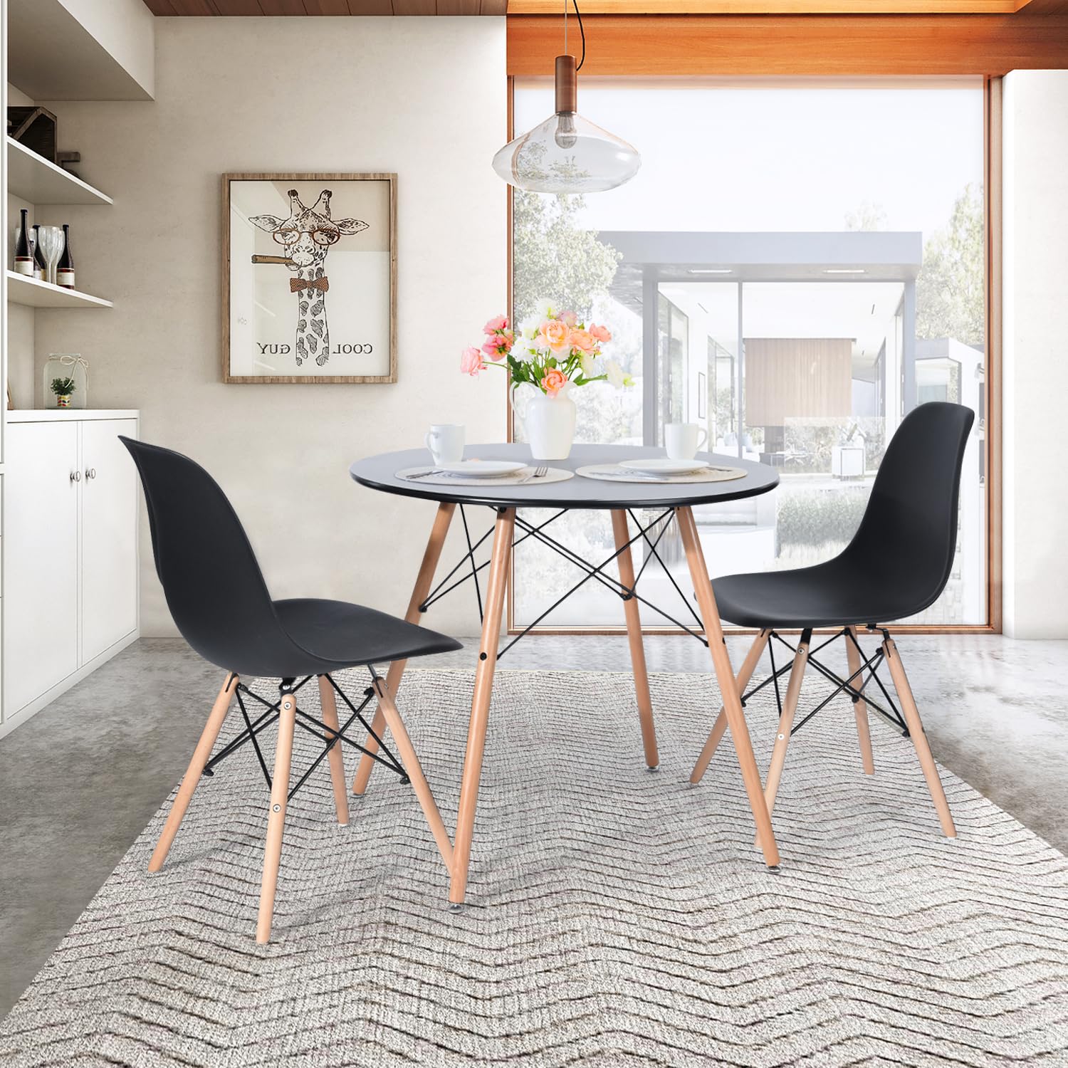 FurnitureR 31.5 Inch Modern Round Dining Table with Wooden Legs for Home Kitchen Living Room Corner Small Spaces Leisure, Black