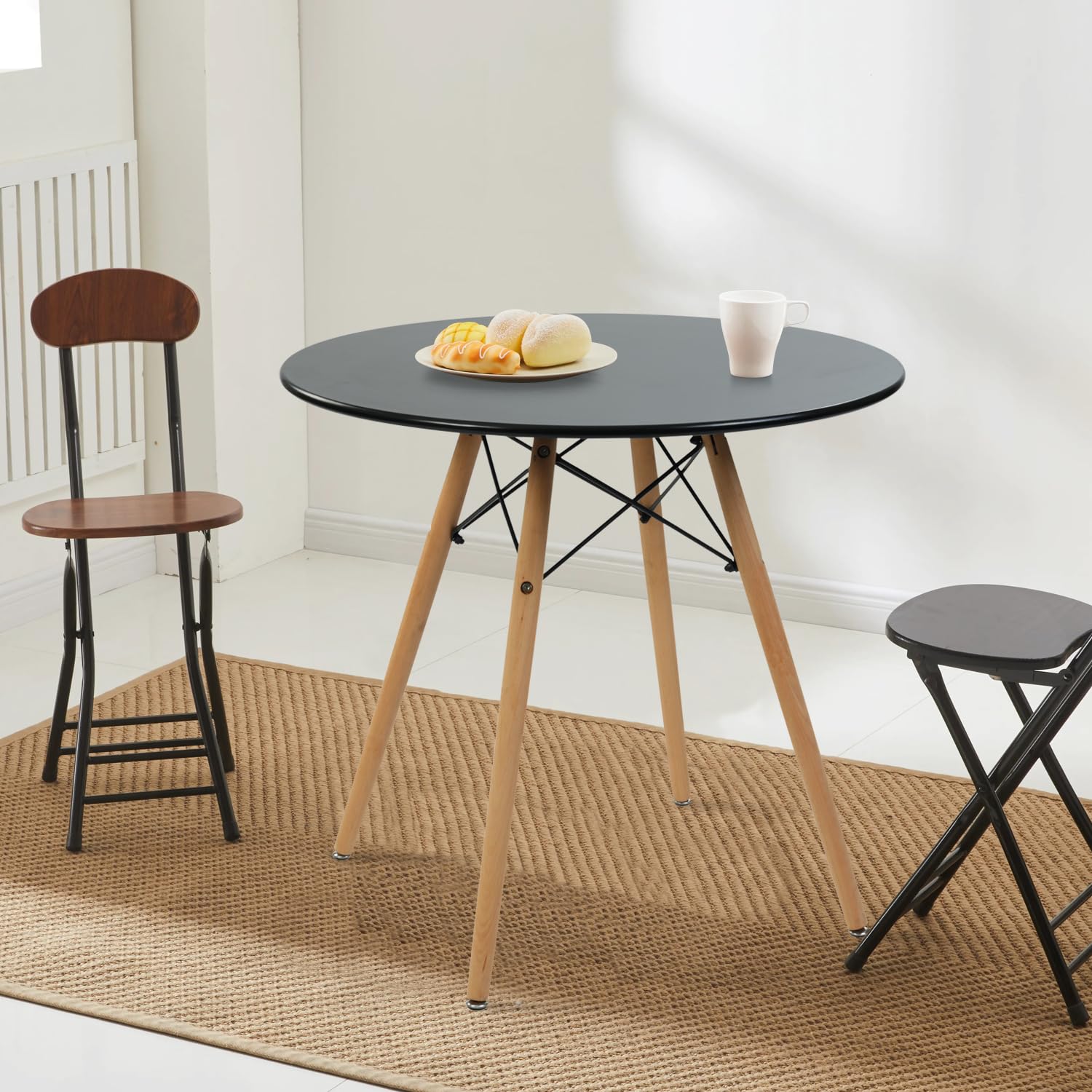 FurnitureR 31.5 Inch Modern Round Dining Table with Wooden Legs for Home Kitchen Living Room Corner Small Spaces Leisure, Black