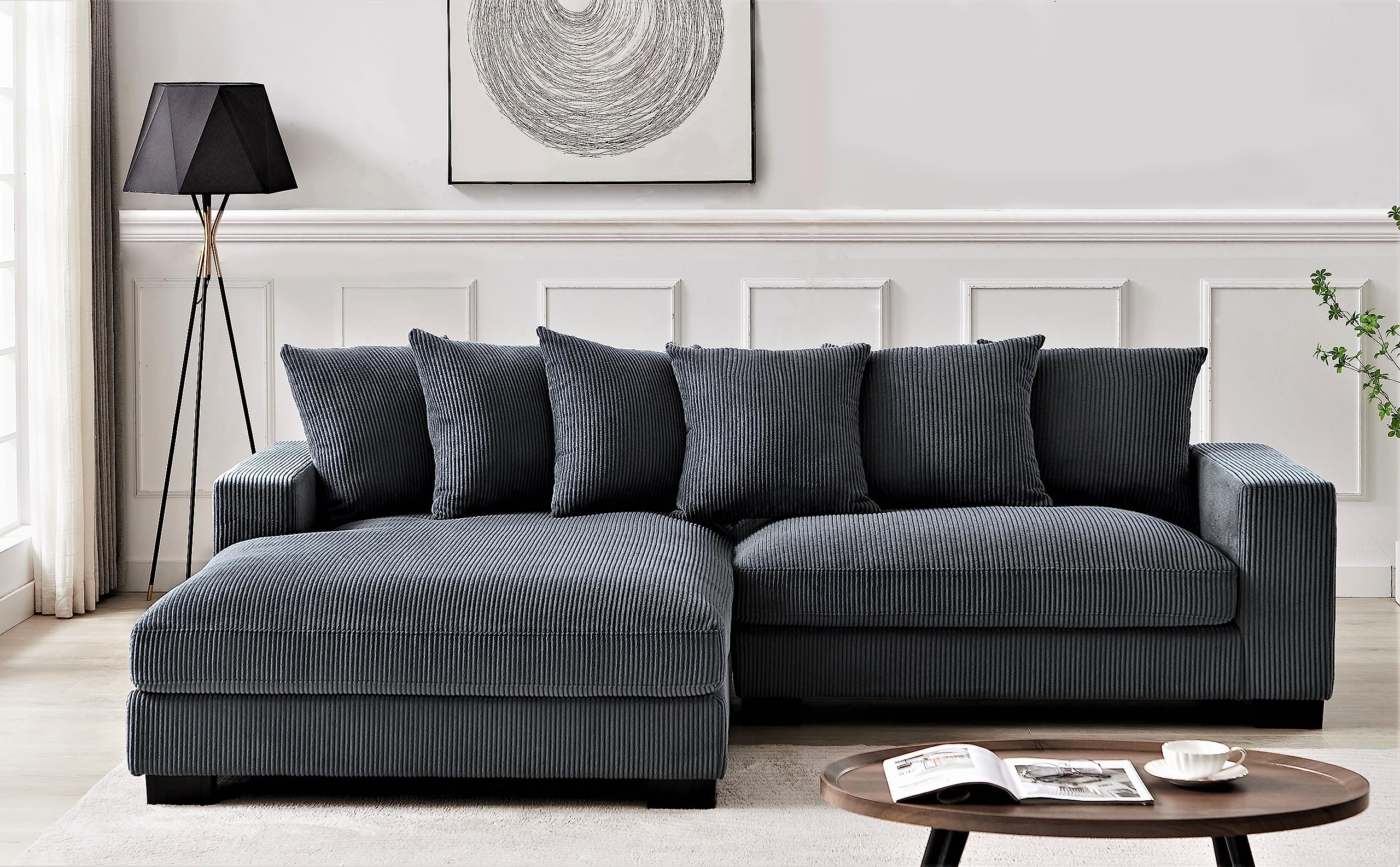 Container Furniture Direct Luxe Oversized Two-Piece Sectional Couches for Living Room, 102.4-Inch L Shaped Sofa with Chaise, Upholstered with Corduroy Fabric, Gray - Left Facing